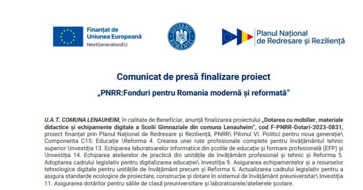 Comunicat de presă finalizare proiect „PNRR: Fonduri pentru România ...